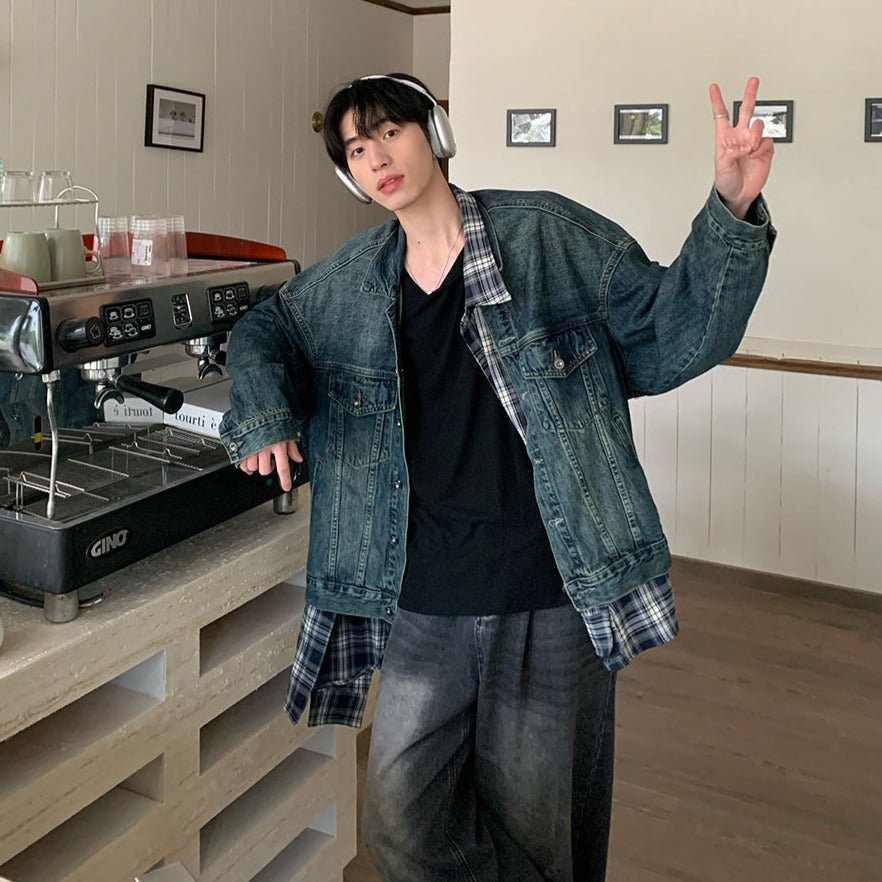 Fake layered check pattern denim jacket or2655 – 韓国メンズファッション通販 - ORUN